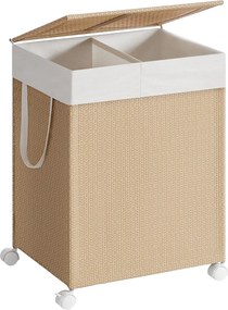 Koš na prádlo s 2 přihrádkami, 100 litrů, s víkem, přírodní béžový a matně bílý