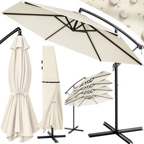 Závěsný slunečník krémová Ø330cm hliníkový UV 50+ klika & křížová podnož