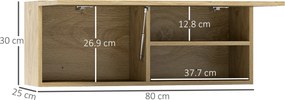 Nástěnná koupelnová skříň HOMCOM s výklopnými dveřmi, zavěšená koupelnová skříň s dřevěnými policemi, 80x25x30 cm, přírodní dřevo
