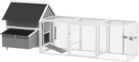 PawHut dřevěný kurník s výběhem, 283 × 133,5 × 112 cm – pro 7–10 slepic, 2 hnízdní boxy, bidýlka a houpačka, šedý | Aosom