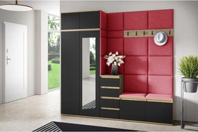 Eka Předsíňová stěna s čalouněnými panely Trinity 33 - Dub Artisan s černou / Červená 2309