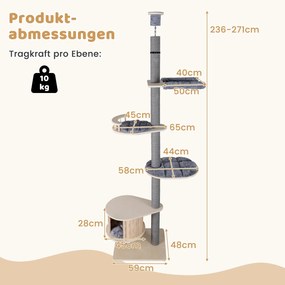 Costway 236-271 cm Stropní vysoké škrabadlo s houpací sítí a platformou