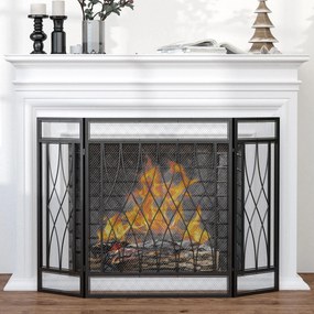 HOMCOM Skládací Ochranná Zástěna Krbu s 3 Panelovým Kloubovým Kovovým Rámem 126x3x80 cm Černá