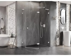Mexen Lunar, L pravý výklopný pětiúhelníkový sprchový kout 90 x 80 cm, 8mm čiré sklo, bílý profil, 831L-090P-080L-20-00-P