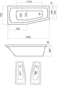 Roth MINI 160x70 asymetrická rohová vana 160 x 70 cm N-8000073 levá akrylátová