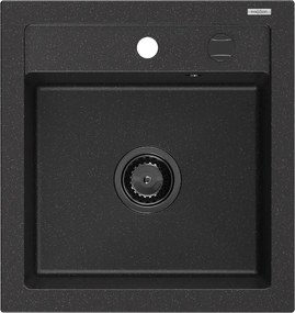 Mexen Vito, granitový dřez 520x490x210 mm, 1-komorový, černá-stříbrná metalíza s černým sifonem, 6503521000-73-B