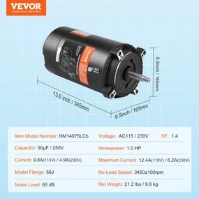 0,75 kW motor bazénového čerpadla 115/230 V 9,8/4,9 A 56J 3450RPM 90μF/250 V