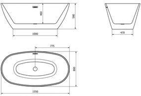 Mexen Eris, volně stojící vana 155 x 80 cm, bílá-černá, zlatý lesklý přepad, 53441558075-50
