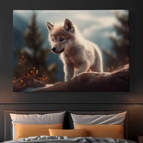 Obraz na plátně - Malý vlček na skále objevuje svět FeelHappy.cz Velikost obrazu: 150 x 100 cm