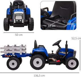 HOMCOM Elektrický dětský traktor s dálkovým ovládáním a přívěsem, MP3 světlomet, 3-6 km/h, pro děti od 3 do 6 let, modrý |