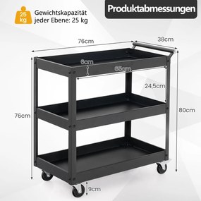 Costway Kovový vozík s 3 úrovněmi úložného prostoru a madlem, kuchyňský vozík