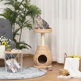 PawHut Kočičí strom s škrabadlem, nábytek pro koťata, s kočičí jeskyní, kuličkovým hračkem, sisal, měkký plush, výška 82,5 cm, žlutý