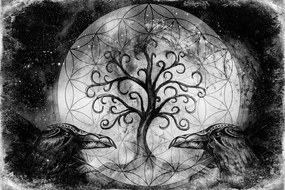Tapeta magický strom života v černobílém provedení - 225x150 cm