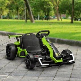 HOMCOM Elektrické Go-Kart pro Děti 6-12 Let 24V 6-12km/h s Nastavitelným Sedadlem, 2 Motory, Drift Go-Kart s Klaksonem, Světly a Hudbou, Zelené