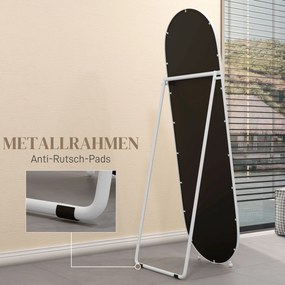 HOMCOM Zrcadlo na celé tělo, 160 x 40 cm Nástěnné zrcadlo se stojanem, Kovový rám, Oválné podlahové zrcadlo do obývacího pokoje, ložnice, Bílá