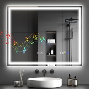HOMCOM Koupelnové zrcadlo LED Bluetooth 80 x 100 cm dotykový spínač, nastavitelný světelný výkon 3 barvy, Anti-Fog, paměť, stříbrné
