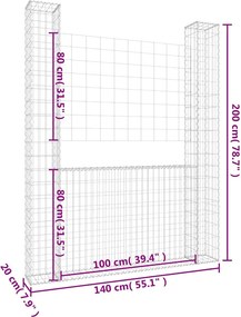 Gabionový koš ve tvaru U se 2 sloupky železo 140 x 20 x 200 cm 151289