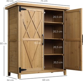 Outsunny Venkovní Dřevěná Úložná Skříň 0,24 m² 75x40x90 cm Zahradní Domek s 2 Dveřmi, 4 Policemi a Pozinkovanou Střechou pro Úložný Prostor Nářadí