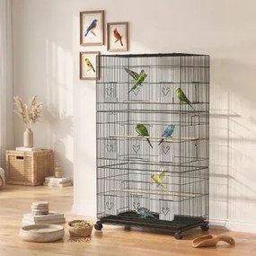 PawHut velká klec pro ptáky na kolečkách, 6 krmítek, vysouvací miska, několik dvířek, 3 bidýlky, 77x46,5x141 cm, černá