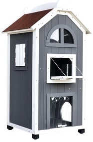 PawHut kočičí domeček pro kočky, pelíšek nebo záchůdek, univerzální skříňka pro kočky, jedlové dřevo, asfaltová střecha, šedá, 59x55x109cm