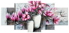 Gario Obraz s hodinami Růžové magnolie ve váze - 5 dílný Rozměry: 150 x 70 cm