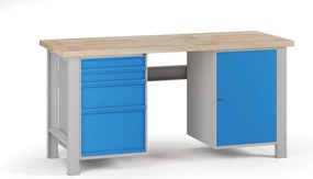 Dílenský pracovní stůl G7, buková spárovka, 1700 x 685 x 840 mm, 1x skříňka, 4 zásuvky, modrá