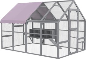 PawHut Dřevěný kurník pro slepice, 280 x 185,5 x 188 cm - Kurník s dveřmi, hnízdicí boxem, střechou, rampou, venkovní výběh pro 8-12 slepic, šedý | Ao