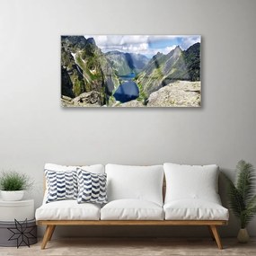 Obraz na skle Hory Údolí Jezera Vrcholy 140x70 cm
