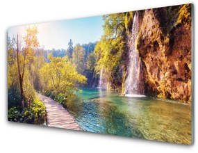Obraz na skle Jezero Krajina Vodopád 100x50 cm