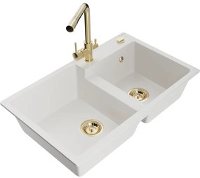 Mexen Tomas, granitový dřez 800x500x190 mm, 2-komorový a bílá baterie Duero, bílá, 6516-20-671600-50