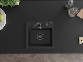 Mexen Milo, granitový dřez 435x410x171 mm, 1-komorový, černá-stříbrná metalíza s černým sifonem, 6505441000-73-B