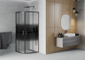 Mexen Rio, čtvrtkruhový sprchový kout s posuvnými dveřmi 90 (dveře) x 90 (dveře) x 190 cm, 5mm čiré sklo s pásky, černý profil, 863-090-090-70-20