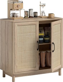 HOMCOM boho komoda s ratanovými dvířky, nastavitelná police a zaoblené hrany — dubový vzhled, 76 × 35 × 75,5 cm | Aosom