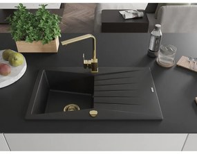 Mexen Cesar, granitový dřez 775x470x190 mm, 1-komorový, černá se zlatým sifonem a zlatá dřezová baterie Rita, 6514-77-670300-50