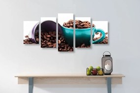 5-dílný obraz šálky s kávovými zrnky - 200x100 cm