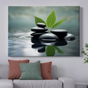 Obraz na plátně - Meditace, černé kameny na sobě, tráva FeelHappy.cz Velikost obrazu: 120 x 80 cm