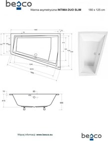 Besco Intima Duo Slim asymetrická vana 180 x 125 cm levá akrylát bílá VANINTID18SLIML