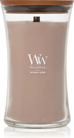 WoodWick vonná svíčka s dřevěným knotem velká Patchouli Creme 609 g