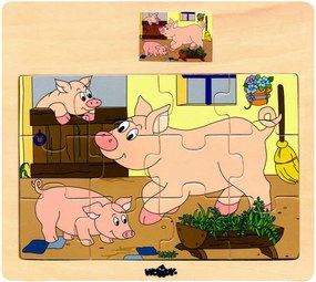 WOODY DŘEVO Puzzle na desce Zvířátka domácí s mláďátky 6 druhů 93010