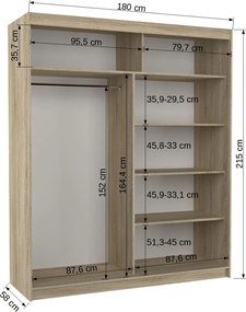 ADRK Furniture Posuvná skříň se zrcadlem a LED osvětlením BALTIMORE 180 SW-BAL-S-180+L-V270