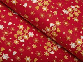 Biante Vánoční bavlněný běhoun na stůl Sandra SA-408 Hvězdičky a stromky na červeném 20x140 cm