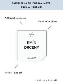 Samolepka na kořenky KMÍN DRCENÝ průhledná 5 × 5 cm tučné písmo