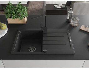 Mexen Bruno, dřez granitový 795x495x200 mm, 1-komorový, černá s černým sifonem a černá dřezová baterie Rita, 6513-77-670300-70-B