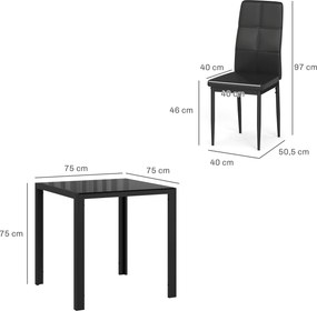 HOMCOM jídelní set - jídelní stůl se 4 židlemi, úsporná jídelní skupina, skleněná deska, umělá kůže, černý