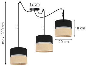 Závěsné svítidlo JUTA SPIDER, 3x jutové/černé textilní stínítko, B