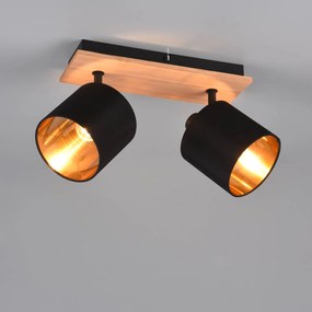 Stropní reflektor Tommy, dřevo/černá/zlatá, délka 30 cm, 2 světla.