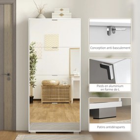 HOMCOM 2-in-1 Botník se Zrcadlovými Dveřmi, 4 Klopové Dveře, Nastavitelné Policie, Úsporný, 76L x 26W x 168H cm Bílý