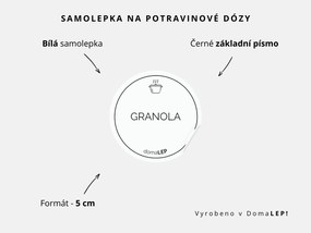 GRANOLA - omyvatelná samolepka na dózu, výběr rozměrů Ø 5 cm / 5 x 5 cm / 6 x 8 cm | DomaLEP tvar: KOLEČKO, barva: BÍLÁ - ČERNÉ písmo, velikost: Ø 5 cm - základní písmo