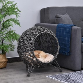PawHut ratanový domeček pro kočky Elegantní kočičí jeskyně s polštářem, vyvýšené nohy, stříbrně šedá, Ø52x58cm| Aosom