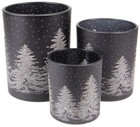 3ks černý skleněný svícen na čajovou svíčku se stromky – 10x12 /  9x10 /  7x8 cm